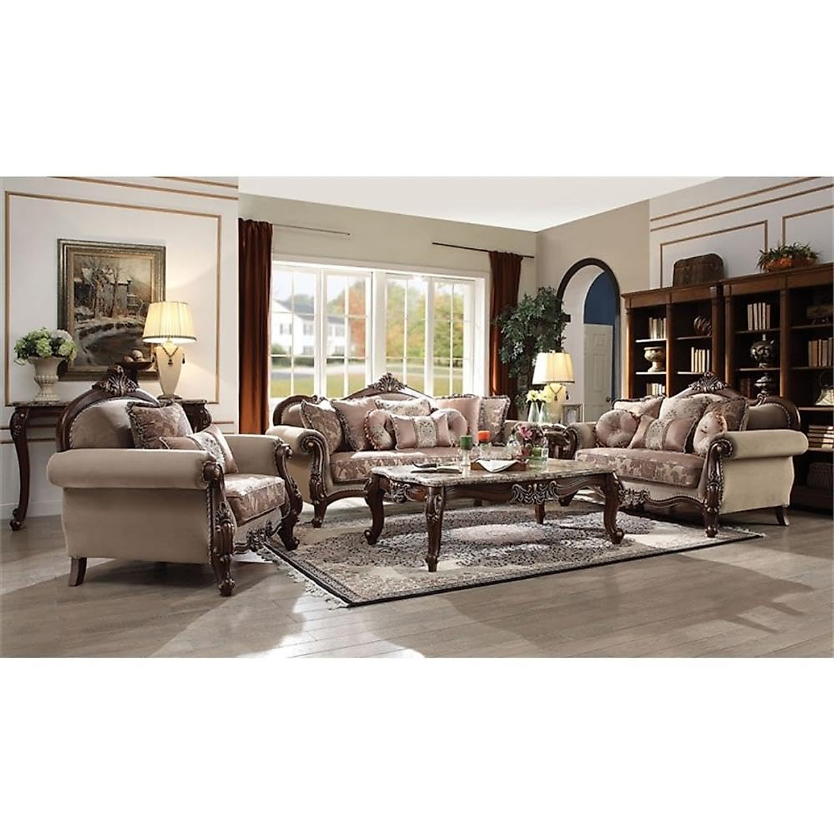 Acme Mehadi Upholstery Rolled Arm Loveseat with Queen Leg in Walnut