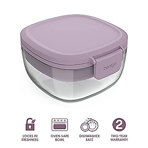 Bentgo® Glass All-in-One Salad Container - Large 61-oz Salad Bowl, 4-Compartment Bento-Style Tray for Toppings, 3-oz Sauce Container for Dressings, and Built-In Reusable Fork (Lavender)
