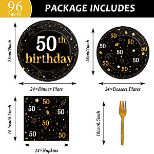 gisgfim 96 Pcs 50th Birthday Party Supplies Paper Plates Napkins Golden Happy Fifty Theme 50th Birthday Decorations Favors for Man and Women Serves 24