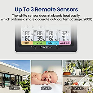 Newentor Weather Station Wireless Indoor Outdoor Multiple Sensors, Digital Atomic Clock Weather Thermometer, Temperature and Humidity Monitor, Forecast Weather Station with Backlight, Black