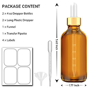 Bumobum Dropper Bottles 4oz, Amber Glass Bottles with Dropper for Essential Oils with Labels and Funnels, 2 Pcs Tincture Bottles with Golden Top (Unbreakable Plastic Eye Dropper with Measurements)