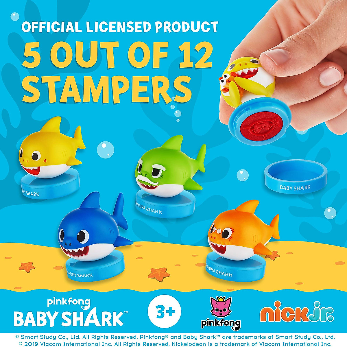 Baby Shark Toy Stampers Set of 5 – Self-Inking Baby Shark Toys, Action Figures, Party Decor, Birthday Party Supplies, Cake Toppers – Parent, Baby, Grandparent Sharks and William - Party Decor (B)