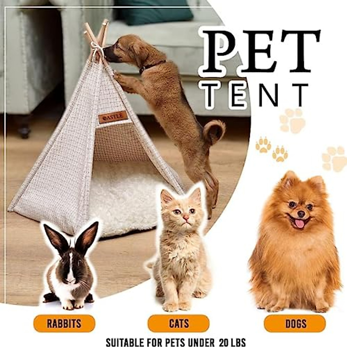 OASTLÉ Dog & Cat Teepee, Small to Medium Pet Teepee Bed with Thick Plush Pad, 27 Inch Tall, Cat Teepee and Dog Tent Bed for Pets Up to 20lbs