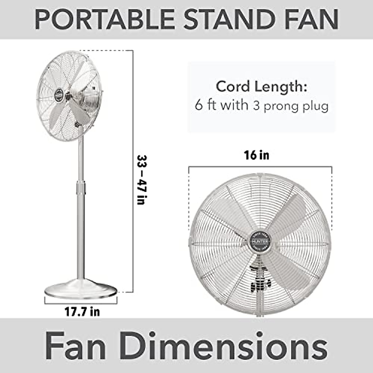 Hunter Classic S16 Oscillating Standing Fan Adjustable Height 16 Inch, 3 Speeds, Brushed Nickel, 97317