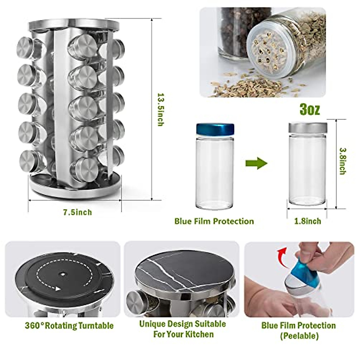 Rotating Spice Rack Organizer with 20 Empty Spice Jars, 135 Spice Labels with Funnel Complete Set, Seasoning Organizer for Cabinet, Revolving Spice Rack for Countertop