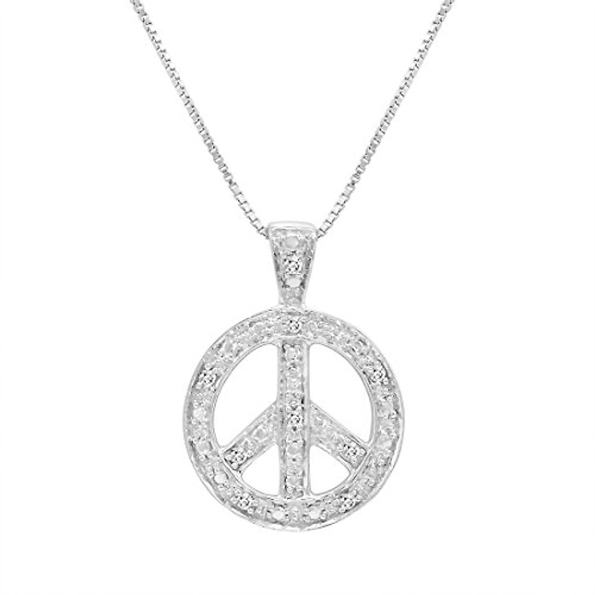 Diamond Peace Sign Pendant Necklace in Sterling Silver on an 18in Box Chain | Real Diamond Necklaces Gifts for Women