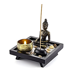 CrystalTears Meditation Zen Garden Set with Buddha Satue, Tea Light Candle Holder, Incense Burner Holder Tabletop Zen Garden Gift for Home Decor