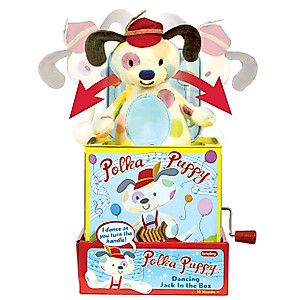 Schylling Polka Puppy Jack in the Box - Classic Children's Musical Toy that Dances - Colorful Embossed Tin Box and Lovable Puppy Plush - Age 18 months and Up