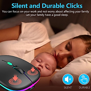 aMZCaSE LED Wireless Mouse, Rechargeable Slim Silent Mice 2.4G Portable Office Optical Mouse with USB Receiver and Type-C Adapter, 3 Adjustable DPI for Laptop, Computer, PC, Notebook, Desktop (Black)