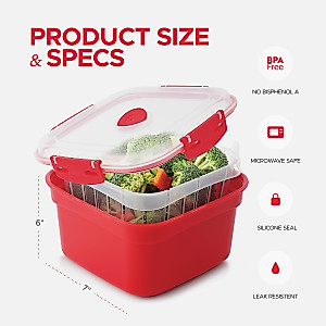 Tafura Microwave Vegetable Steamer. Microwavable Steamer Basket for Veggie/Broccoli/Fish. Steam Container w/Vented Lid, 2 Liter, BPA Free