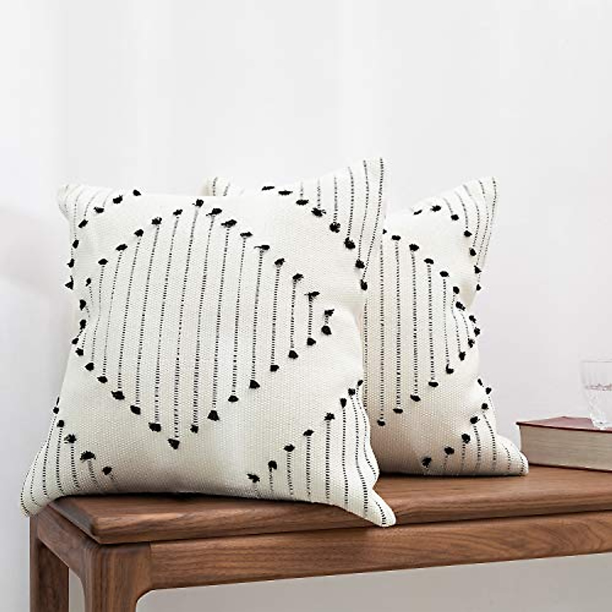 blue page Boho Throw Pillow Covers, Black and Cream White, Set of 2 Modern Farmhouse Accent Home Decor, Neutral Woven Decorative Pillow Covers for Couch/Bed (18 x 18 Inches, Cream/Black)