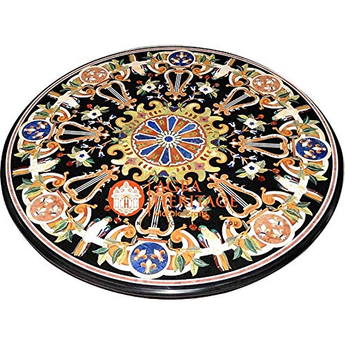 Black Marble Top 43" Dining Round Table Pietra Dura Italian Design Decor Furniture