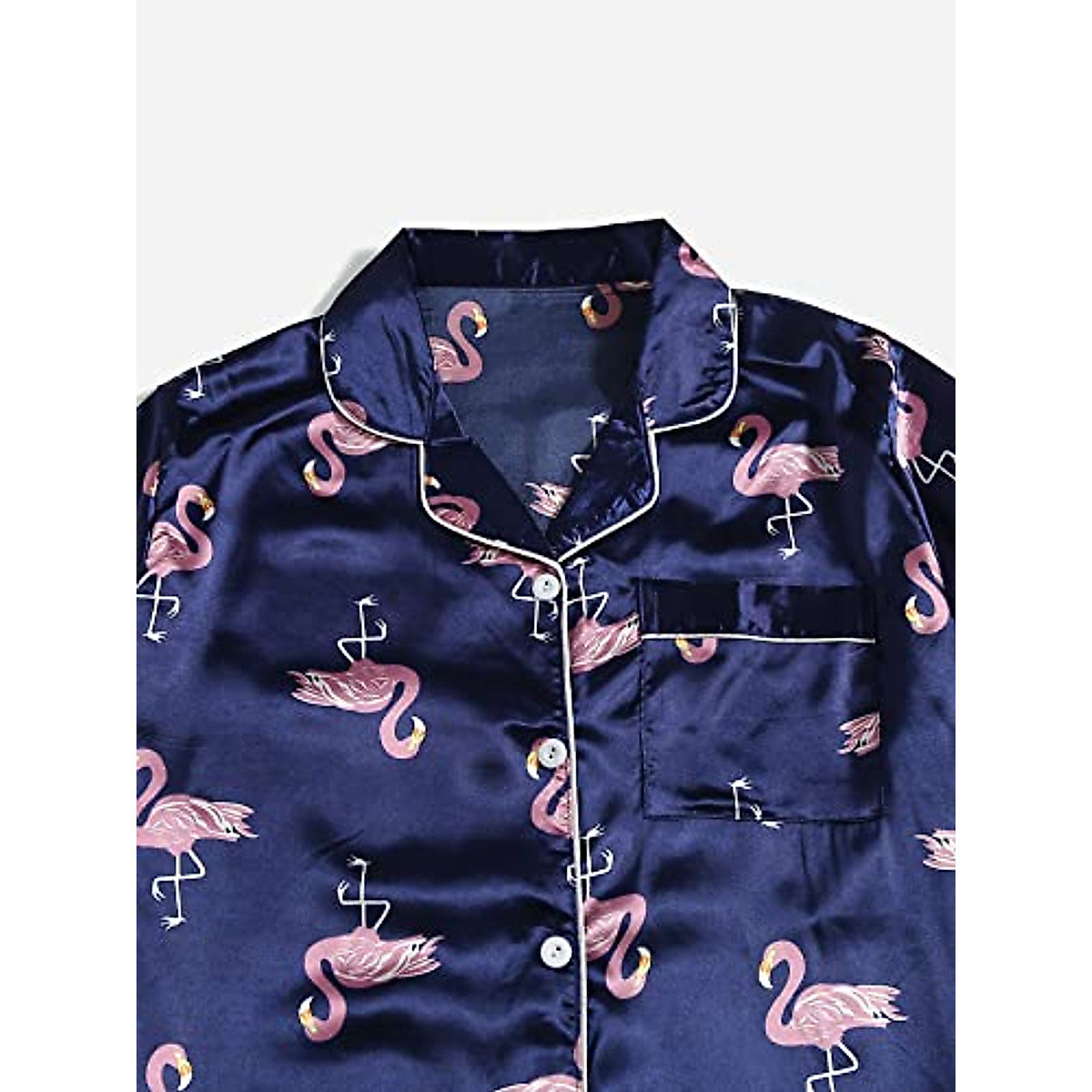 WDIRARA Women's Plus Size Satin Pajama Set Short Sleeve Button Down Pajamas Shirt and Short Sleepwear Navy Blue 4XL