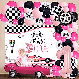72Pcs Racing Car Theme Birthday Party Decorations for Girls, Pink Racing 1st Birthday Decoration, Fast One Backdrop Pink Black Balloon Garland Kit for children Race Car 1st Birthday Party Supplies