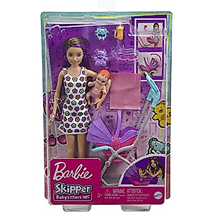 Barbie Skipper Babysitters Inc Playset with Doll, Stroller, Baby Doll & 5 Accessories, Remove Stroller Seat for Carrier