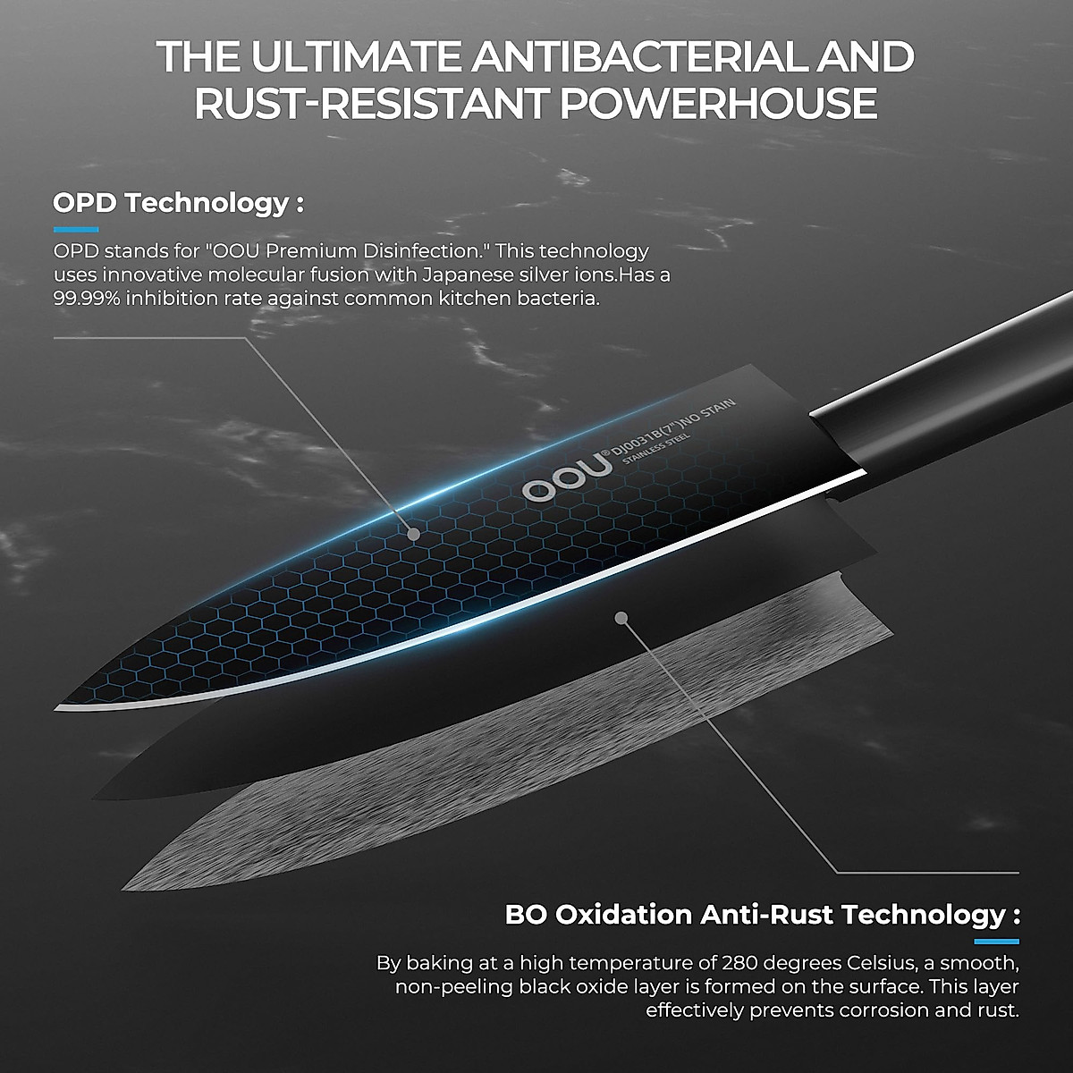 OOU Kitchen Knife Block Set - 15 Pieces High Carbon Stainless Steel Chef Knife Sets, Anti-Rust Black Knives Set with Built-in Sharpener Block, Walnut