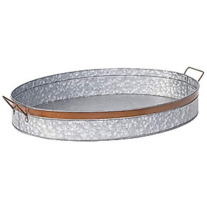 Galvanized Metal Oval Rustic Serving Tray with Handles, Large