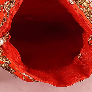 Indian Ethnic Designer Embroidery Silk Potli bag Batwa Pearls Handle Ladies Handbag Purse for Bridal Party Clutch for Women wedding and Gifting (Orange)
