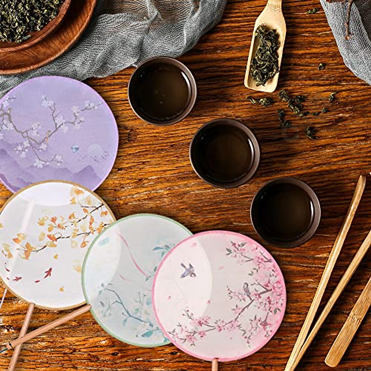 BAOZOON 4PCS Silky Translucent Antique Round Fan Classic Group Fan Floral Pattern Dance Fan Hanfu Women's Tassel Wooden Handle Palace Fan Wedding Favor Gift Home Decor