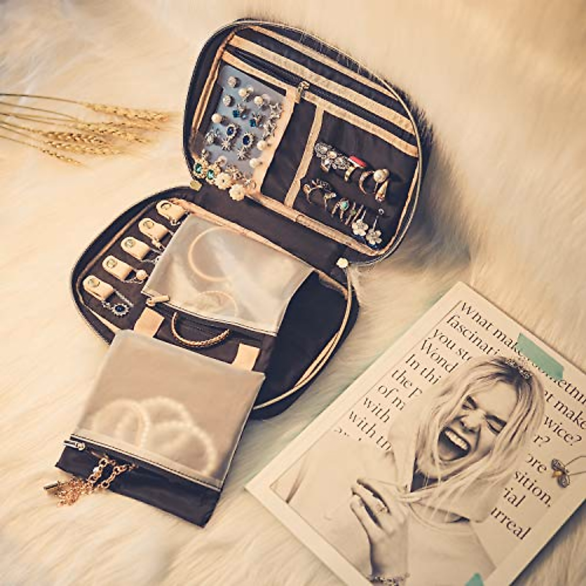 ProCase Travel Jewelry Organizer Case for Women Christmas Valentine's Day Gift, Soft Padded Jewelry Storage Bag Box Carrying Case Pouch for Rings, Bracelet, Earring, Chains, Necklace Holder -Black