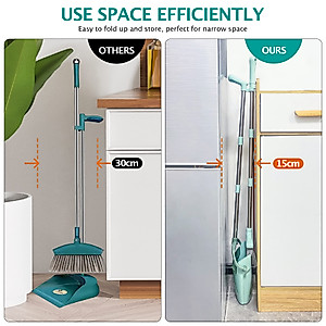 XXXFLOWER Broom and Dustpan Set for Home, Broom with Dustpan Cleaning Teeth Combo Set, Indoor Sweep Broom, 55” Long Handle Broom for Office Home Kitchen Lobby Floor, Bluish Green