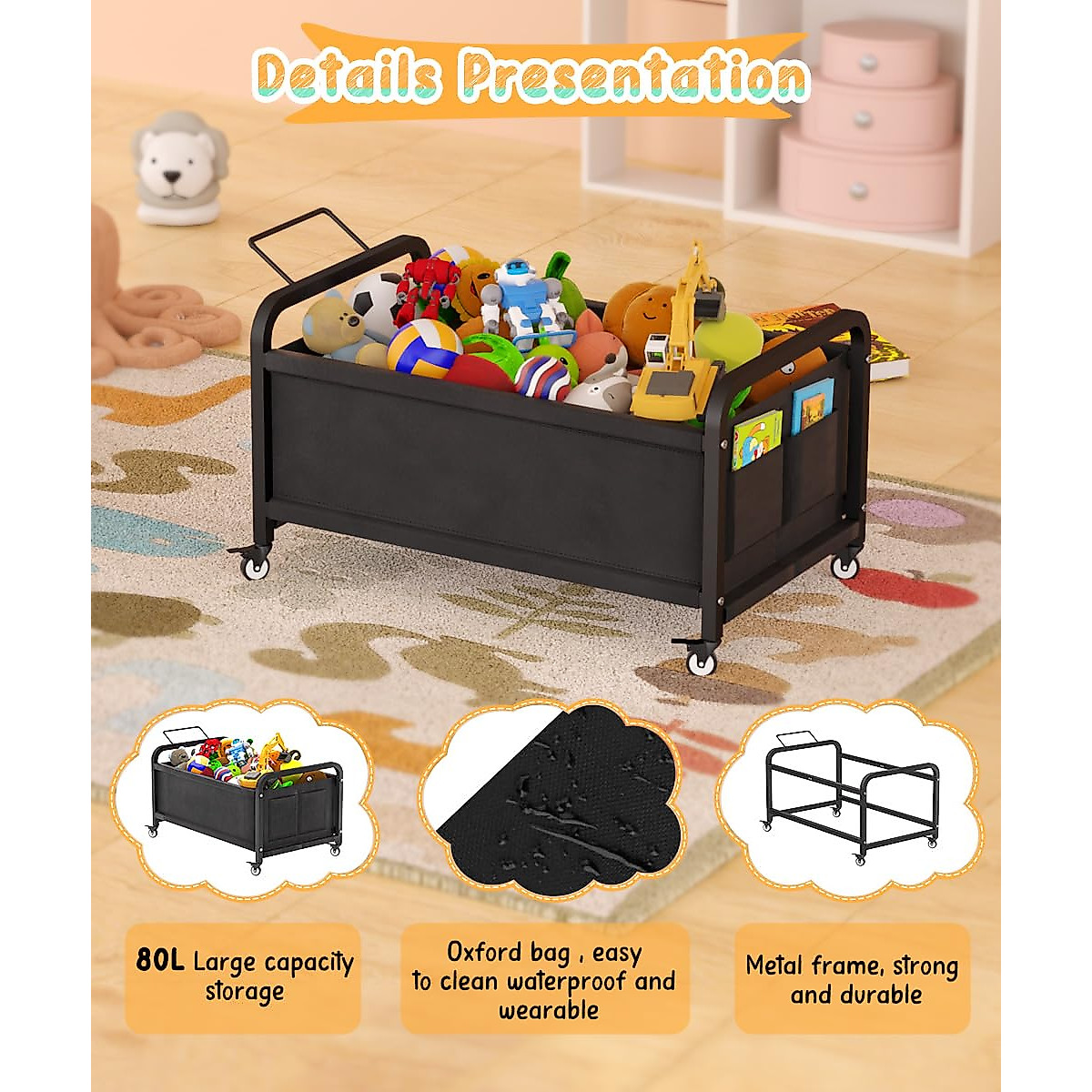 Ardier 80L Large Kids Toy Box with Wheels, Toy Chest Storage Organizer for Toddlers, Boys, Girls, Toy Storage Bin for Stuffed Animals, PlayRoom, Bedroom, Nursery, Living Room, Black