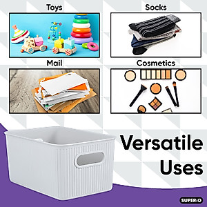 Superio Ribbed Collection - Decorative Plastic Open Home Storage Bins Organizer Baskets, Medium White Smoke (6 Pack) Container Boxes for Organizing Closet Shelves Drawer Shelf 5 Liter