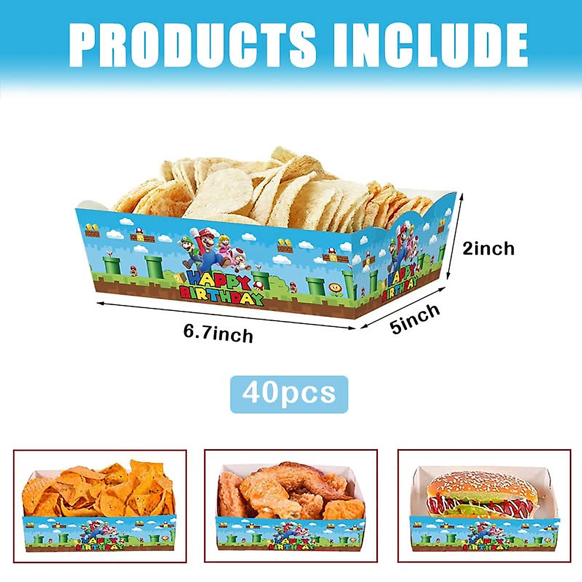 YOPENMOUNE 40PCS Super Bros Birthday Party Supplies,Super Bros Food Tray Super Bros Party Favors Paper Food Serving Tray Mario Paper Trays.6.7 x 5 x 2IN.