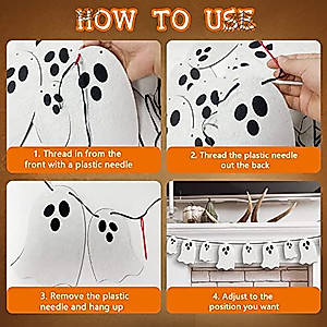IWPTY Halloween Ghost Banner, Ghost Garland White Glittery Halloween Decorations for Party Indoor Outdoor Haunted Houses, Home House Doorways Mantel Wall Decor Supplies - 2 Packs with 2 String Lights