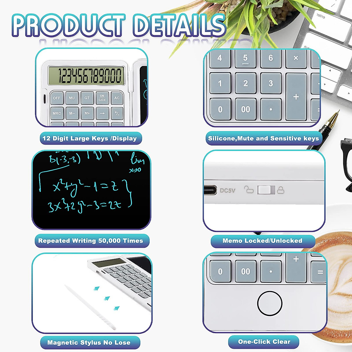 Hion Calculators,12-Digit Large Display Rechargeable Pocket Office Desktop Calculator with Erasable Wiriting Tablet,Mute Basic Desk Calculators with Doodle Pad for Student Home School,White