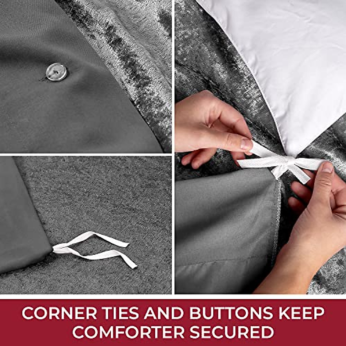 Mellanni Velvet King Duvet Cover Set - Fade, Stain, Shrink, and Wrinkle Resistant - King Gray Comforter Cover Set - 8 Ties & Hidden Button Closure - Duvet Cover with 2 Pillow Shams (King, Gray)