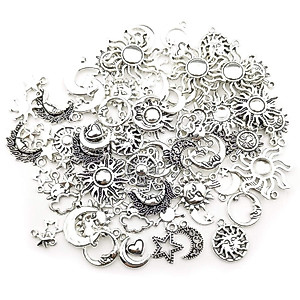100g(80pcs) Craft Supplies Mixed Antique Silver Sun Moon Stars Charms Pendants for Crafting, Jewelry Findings Making Accessory for DIY Necklace Bracelet (M250)