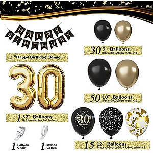 30th Birthday Decorations for Him Men , Black and Gold 30th Birthday Balloons Party Decorations with 30th Happy Birthday Banner，Black and Gold Balloons Black Gold Decor for 30th Birthday Party