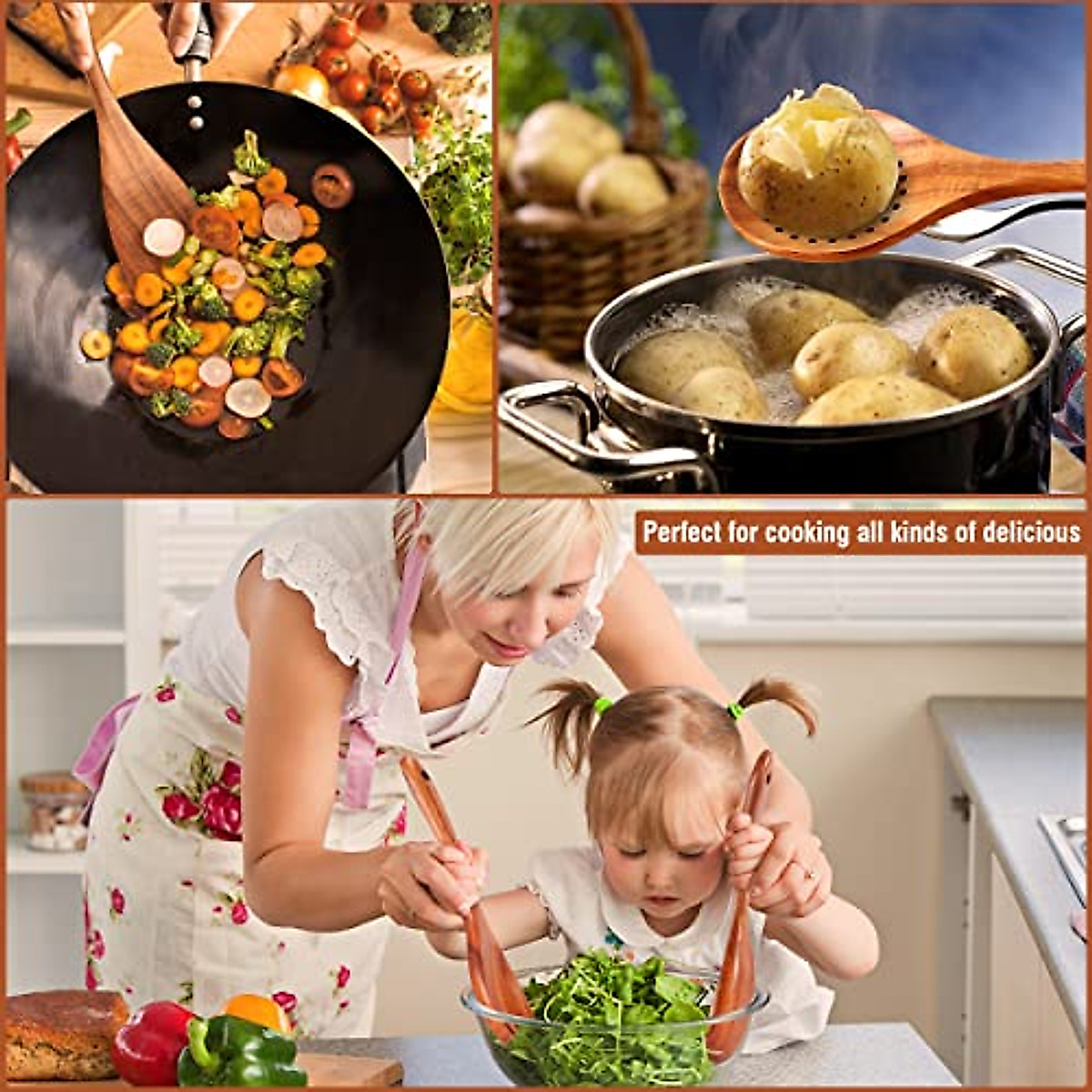 9 PCS Wooden Spoons for Cooking, Wooden Utensils for Cooking with Utensils Holder, Natural Teak Wooden Kitchen Utensils Set with Spoon Rest, Comfort Grip Cooking Utensils Set for Kitchen