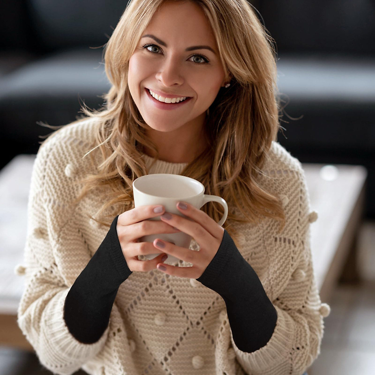 Amandir Long Fingerless Gloves for Women Arm Warmers Knit Thumbhole Stretchy Gloves