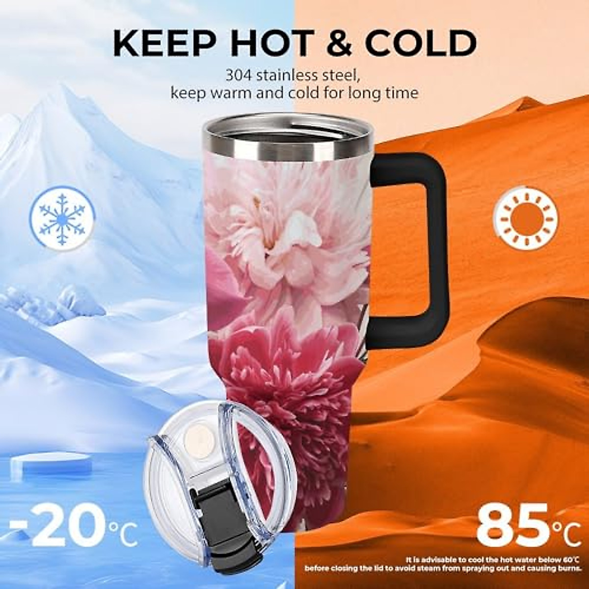 Botanical Floral Insulated Stainless Steel Travel Mug, 40 Oz Tumbler with Handle And Straw Double-Wall Vacuum Coffee Cup, Leak-Proof Lid, Keeps Drinks Hot/Cold for Hours