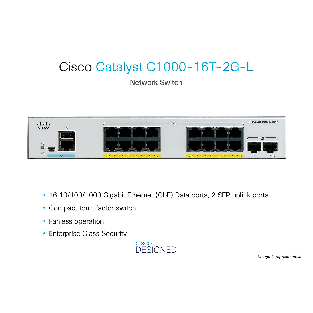 Cisco Catalyst 1000-16T-2G-L Network Switch, 16 Gigabit Ethernet Ports, 2 1G SFP Uplink Ports, Fanless Operation, Enhanced Limited (C1000-16T-2G-L)