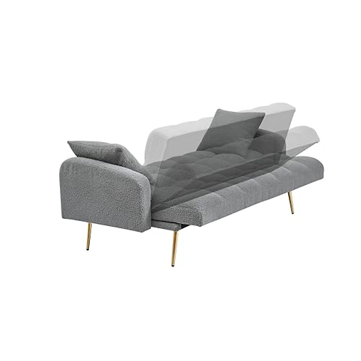Verfur Teddy Fleece Upholstered Modern Convertible Futon Adjustable Folding Sofa Bed, Recliner Sleeper Loveseat Couch with Metal Golden Legs and Throw Pillows for Living Room, Office,Bedroom