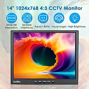 JaiHo 14 Inch LCD Security CCTV Monitor, 1024x768 4:3 Resolution Color TFT LCD Display Screen with HDMI/VGA/BNC/AV Ports for Surveillance Camera, STB and Other Video Equipment, Built-in Speaker
