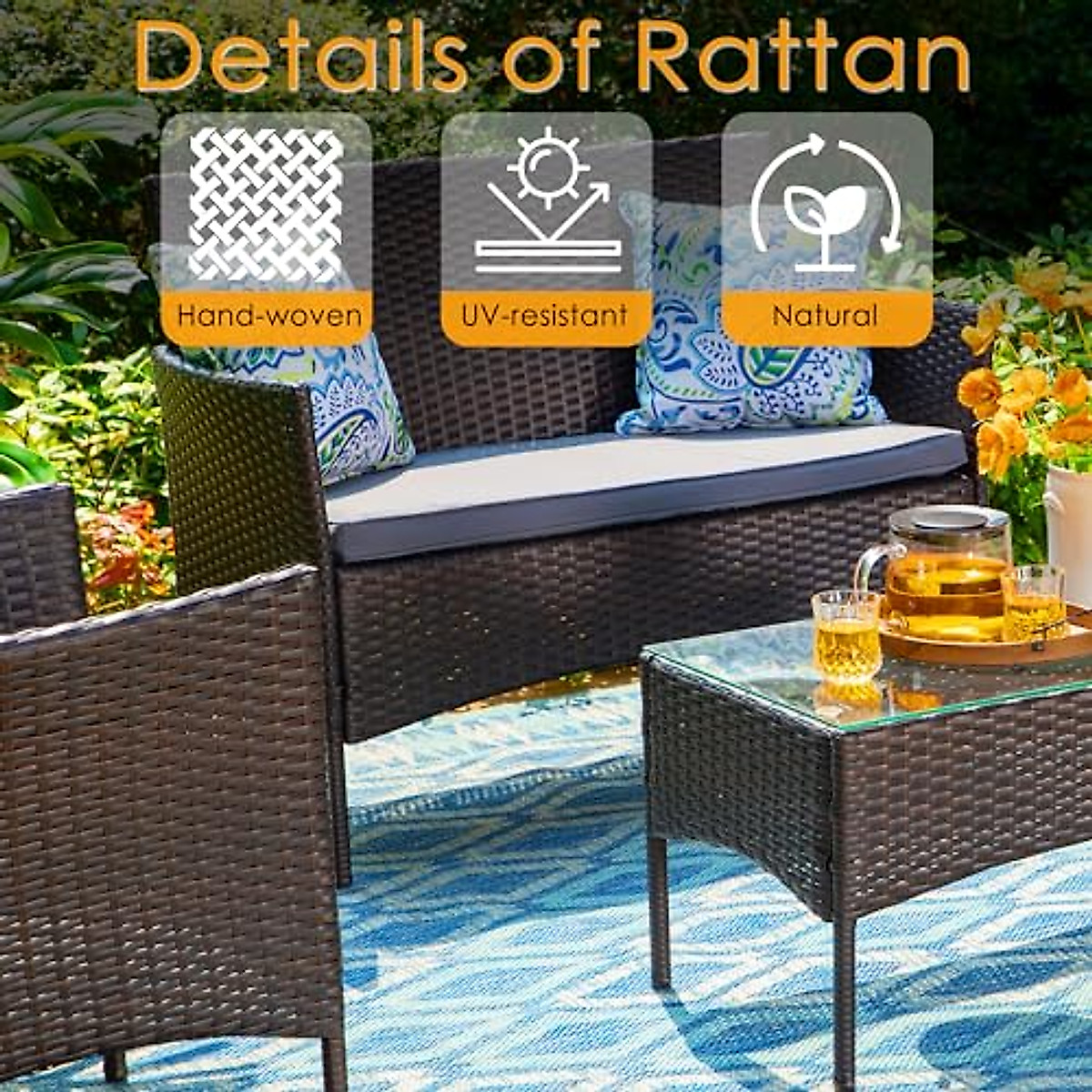 PHI VILLA 4 Pieces Outdoor Furniture Set, Wicker Loveseat & Chairs with Thick Gray Cushions & Glass Coffee Table, Modern Sectional Conversation Sofa Set for Patio, Deck, Yard, Porch