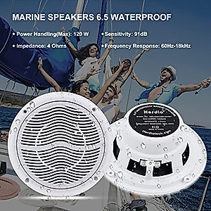 Herdio Marine Radio and Speakers Set Compatable with Bluetooth, Marine Gauge Head Unit+6.5 Inch Marine Flush Wall Mount Ceiling Speakers+Rubber Flexible Mast FM AM Antenna White
