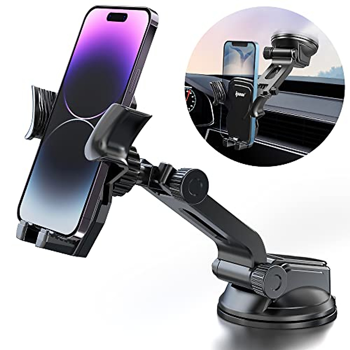 IPOW Car Phone Mount [Off-Road Grade Super Suction] Universal Car Phone Holder Mount for Dashboard Windshield, Car Phone Mount for iPhone 14 Samsung All Phones with Angle Adjustment of 3 Parts
