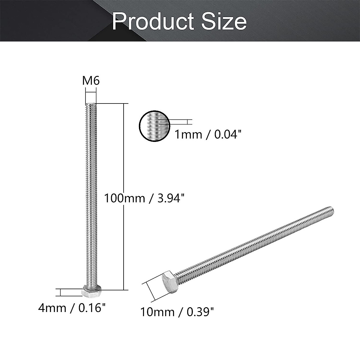 MroMax 5Pcs M6 x 100mm Hex Head Screws Bolts, 304 Stainless Steel 18-8, Fully Threaded, External Hex Drive, for Mounting Chair, Handles, Rail, Pump, Wheels, Antenna Parts, Boat and Plastic Bumpers