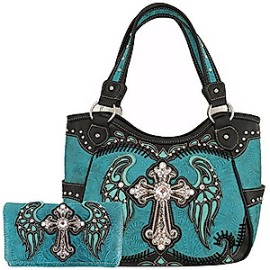 Western Rhinestone Cross Laser Cut Wings Tote Concealed Carry Purse Handbag Women Shoulder Bag Wallet Set (Turquoise Set)
