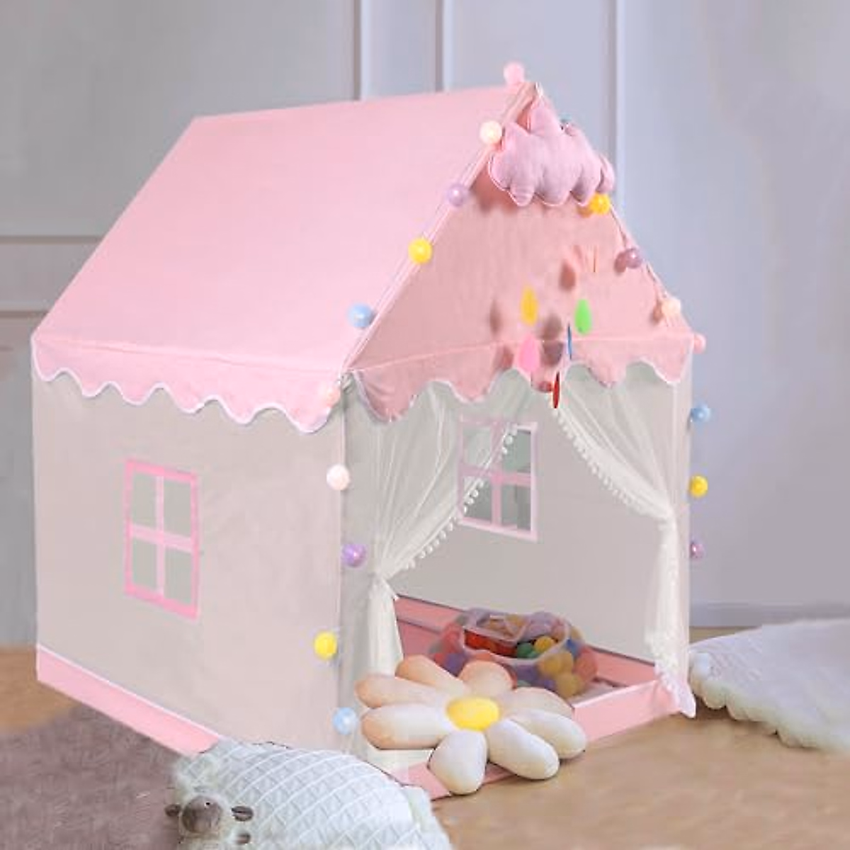 SOHAPY Play Tent Playhouse for Kids Princess Castle Tent Gift Toys for Girl Play House with Lights and Flags for Toddler Children Indoor & Outdoor(51"x 39"x 47") (Pink)