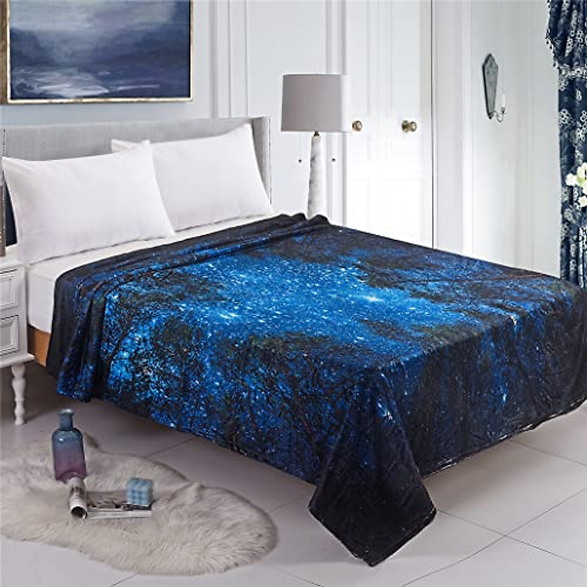 Goodbath Throw Blanket, Starry Night Galaxy Forest Trees Fleece Throw Blanket for Couch Sofa Bed Traveling, 58 x 80 Inch