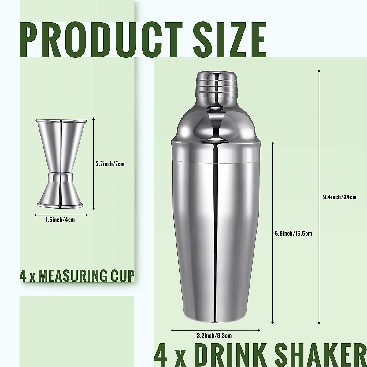 4 Packs Cocktail Shaker Set Martini Shaker Bulk Stainless Steel Martini Mixer with Strainer Drink Shaker with Double Measuring Jigger for Bar Party Home Use Wine Shaker Bar Mixing Tool (25 oz/ 750 ml)