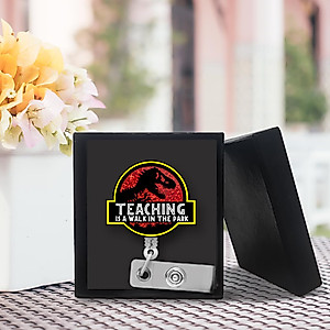 QYUVK Retractable Teaching is A Walk in The Park Badge Reel with Alligator Clip, Funny Red Glitter Dinosaur Badge Holder Gift for Teachers School Counselor Coworker Friends