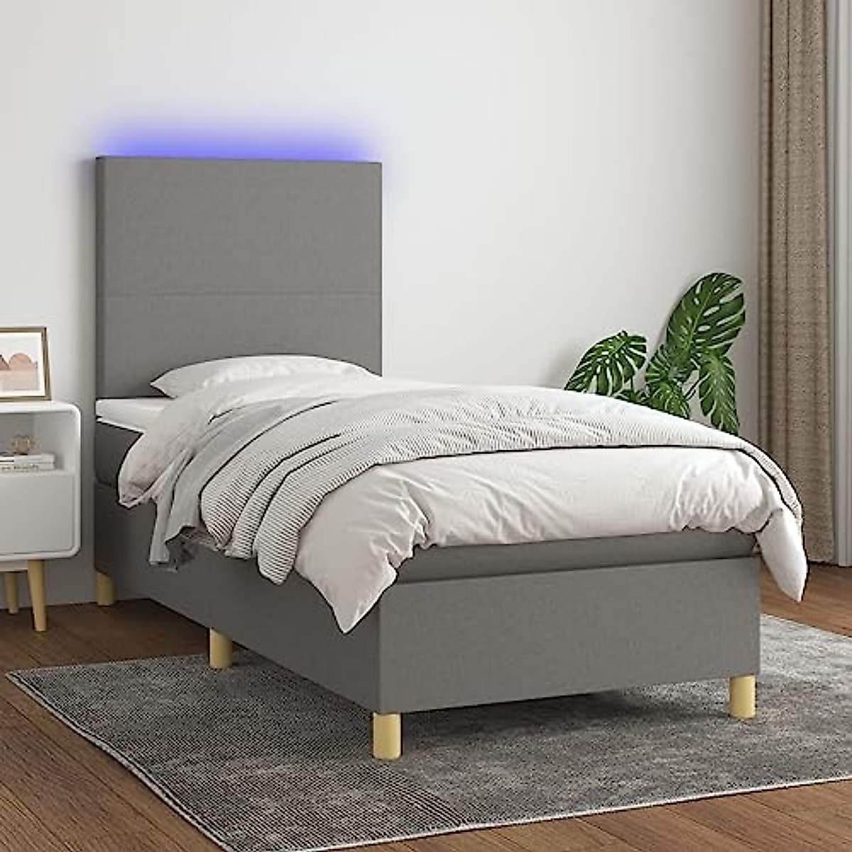 vidaXL Box Spring Bed with Mattress and LED Bedroom Upholstered Single Bed Frame Base Mattress Protector Foam Topper Dark Gray Twin XL Fabric