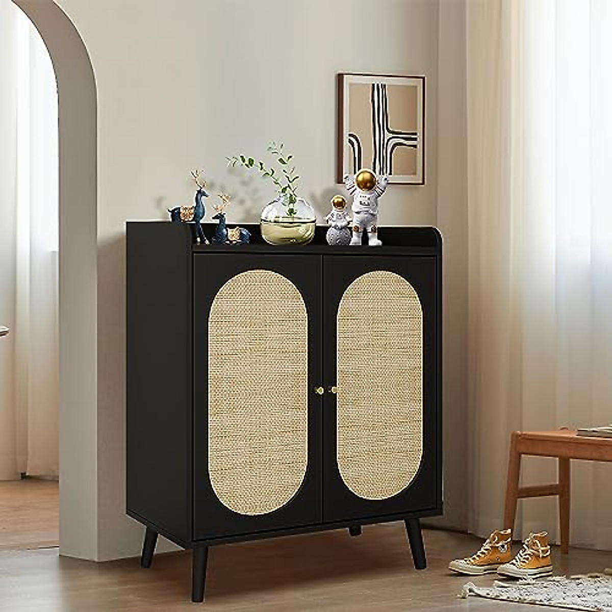 Rattan Sideboard Buffet Cabinet, Accent Storage Cabinet with Handmade Natural Rattan Doors, Free Standing Shoe Rack with Rattan Doors, Natural Rattan Shoe Cabinet Organizer for Bedroom (Black)